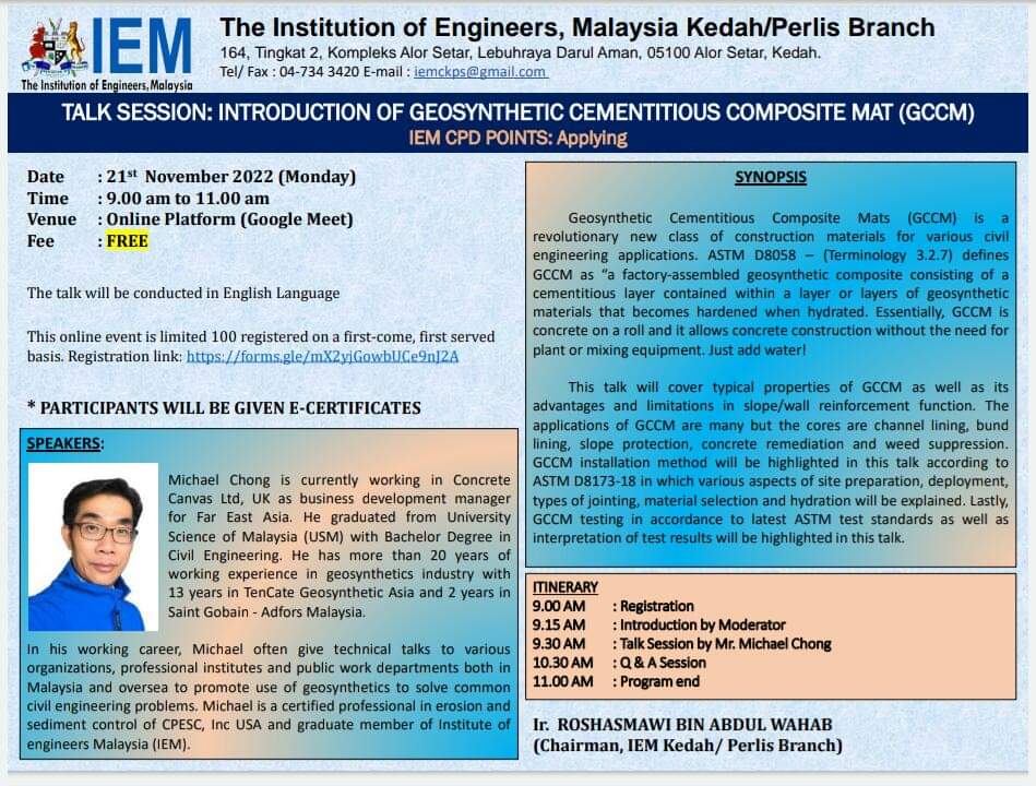 TALK SESSION: INTRODUCTION OF GEOSYNTHETIC CEMENTITIOUS COMPOSITE MAT ...